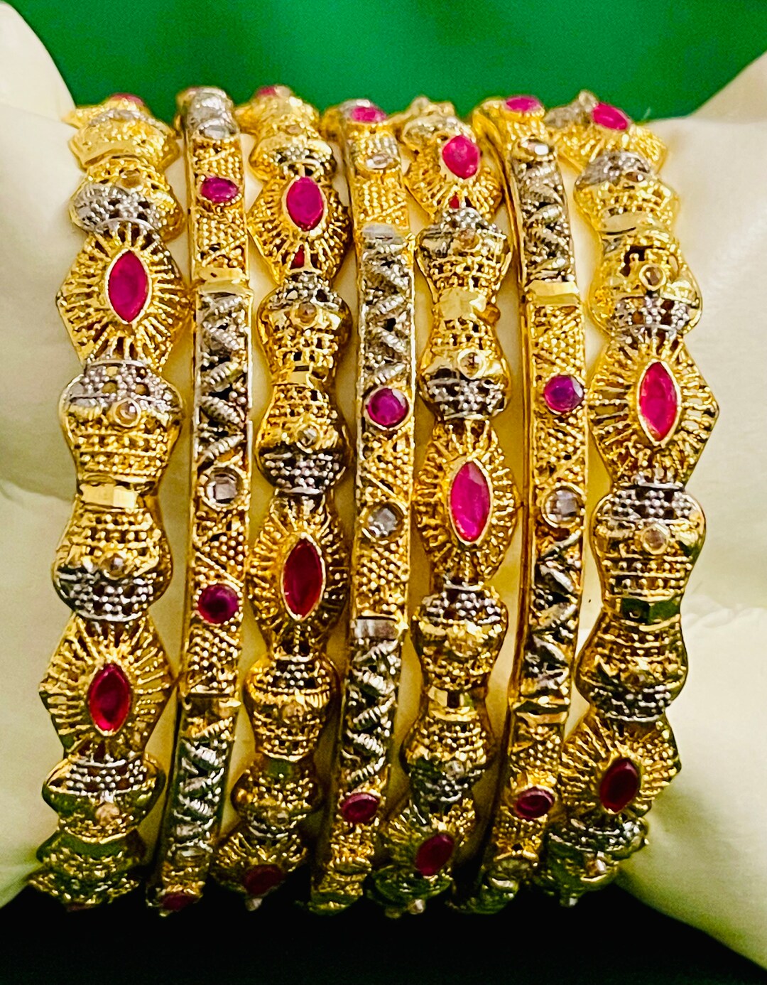 Real Gold Look Gold Pleated Indian Pakistani Bangles Kara Set Size 2.6 ...