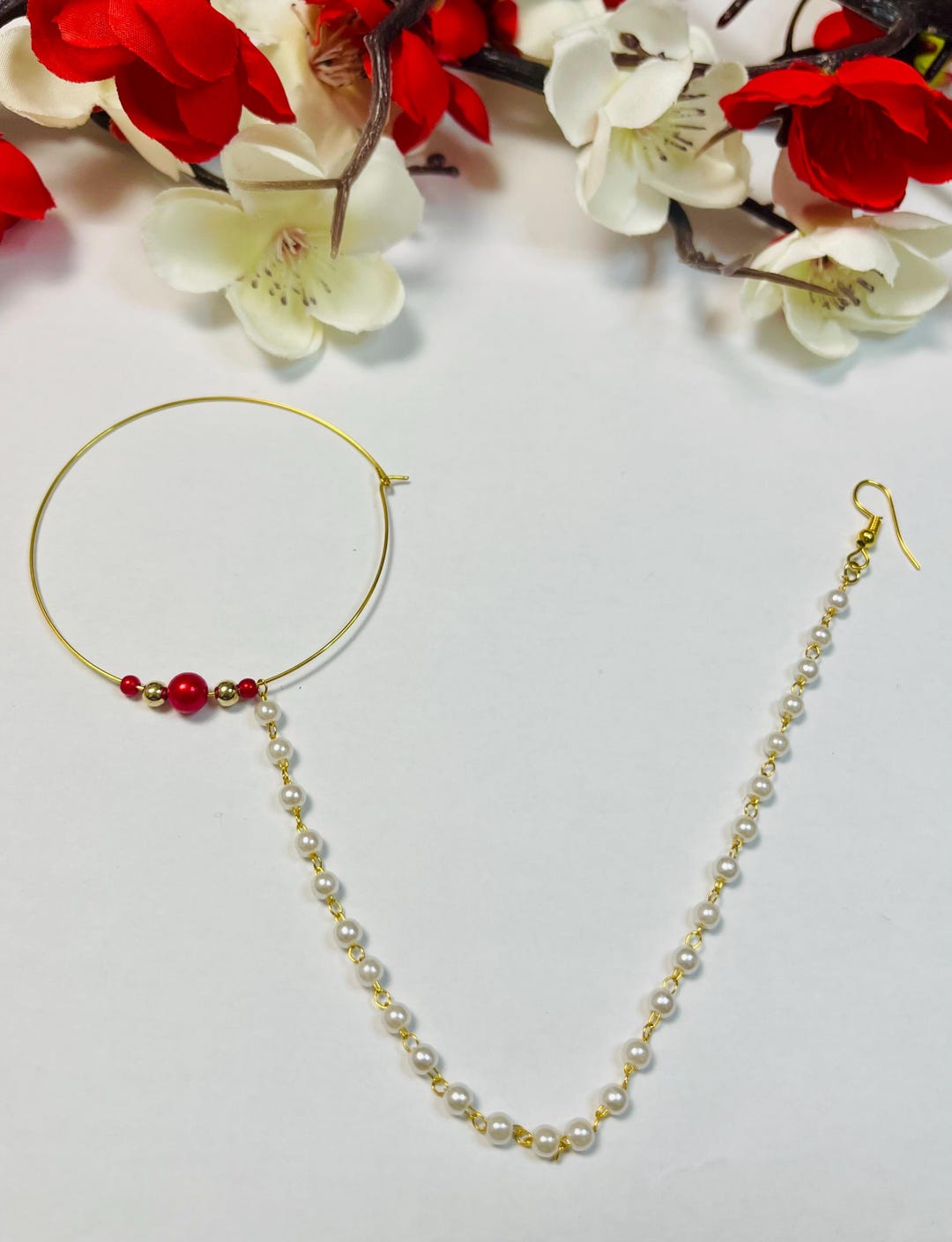Red With Gold Beaded Nath With Chain | Indian Bridal Nose Ring | Gold ...