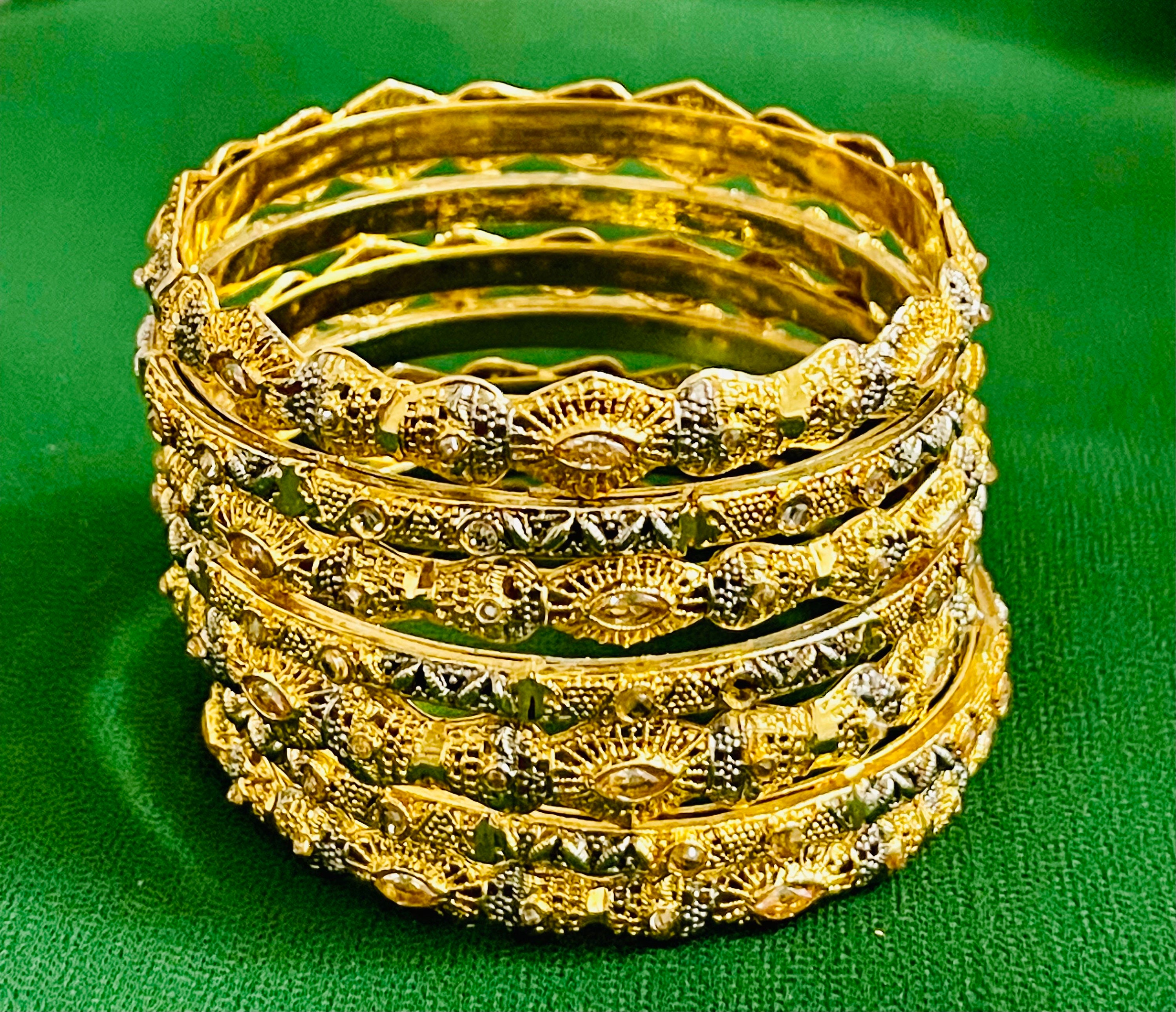 Real Gold Look Gold Pleated Indian Pakistani Bangles Kara Set Size 2.6 ...