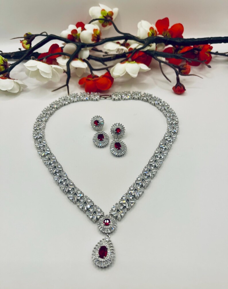 Ruby Red CZ Necklace Set With Drop Earrings | Silver Bridal Jewelry ...