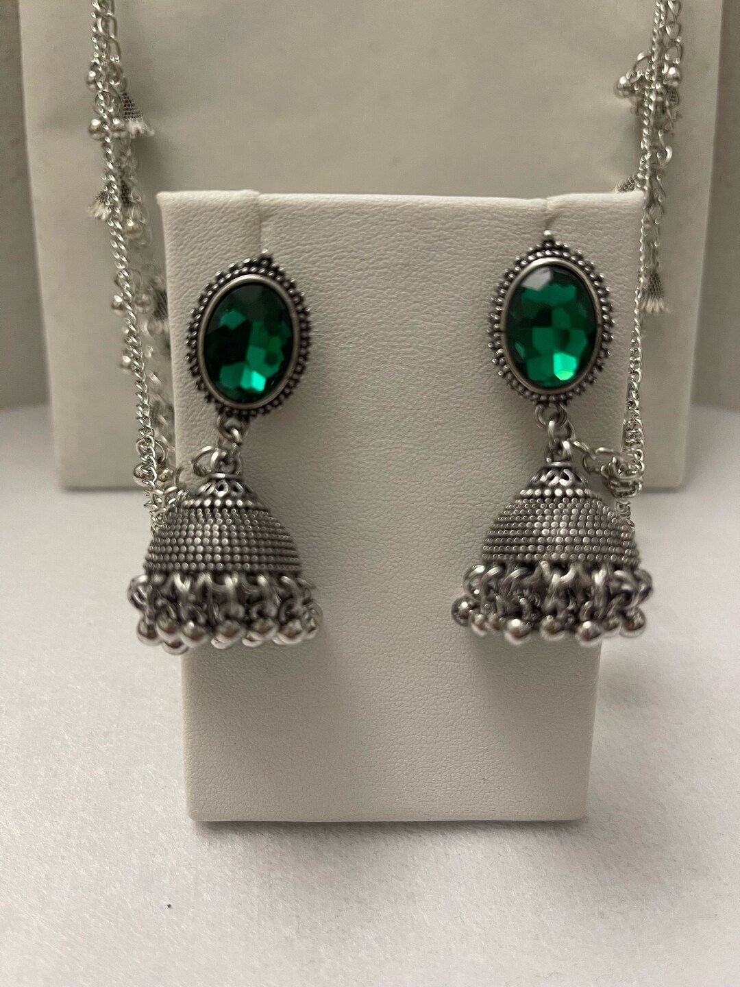 Green Colour Indian Pakistani Bahubali Earrings Jhumka With Bells Ear ...