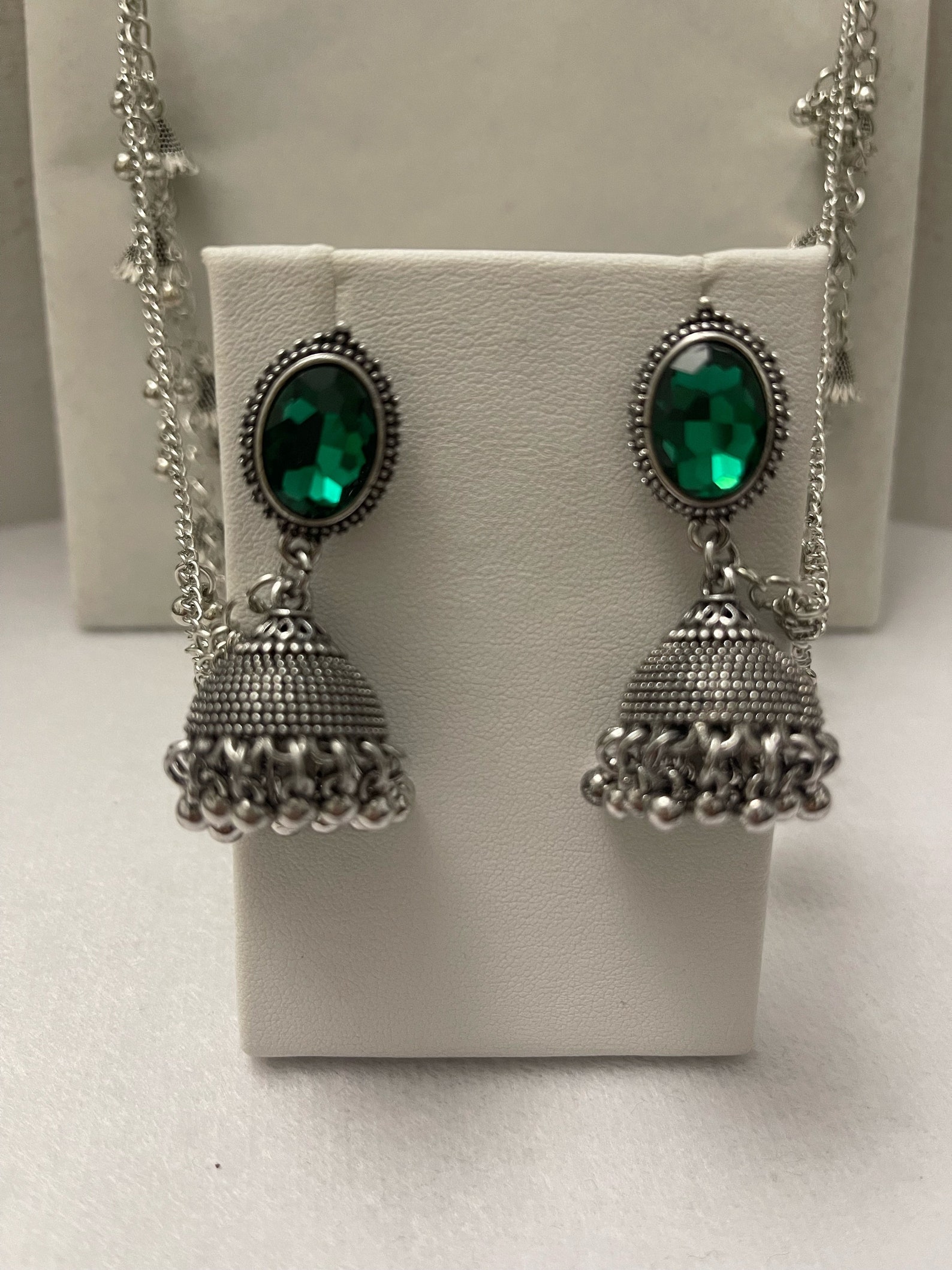 Green Colour Indian Pakistani Bahubali Earrings Jhumka With Bells Ear Chain - Etsy