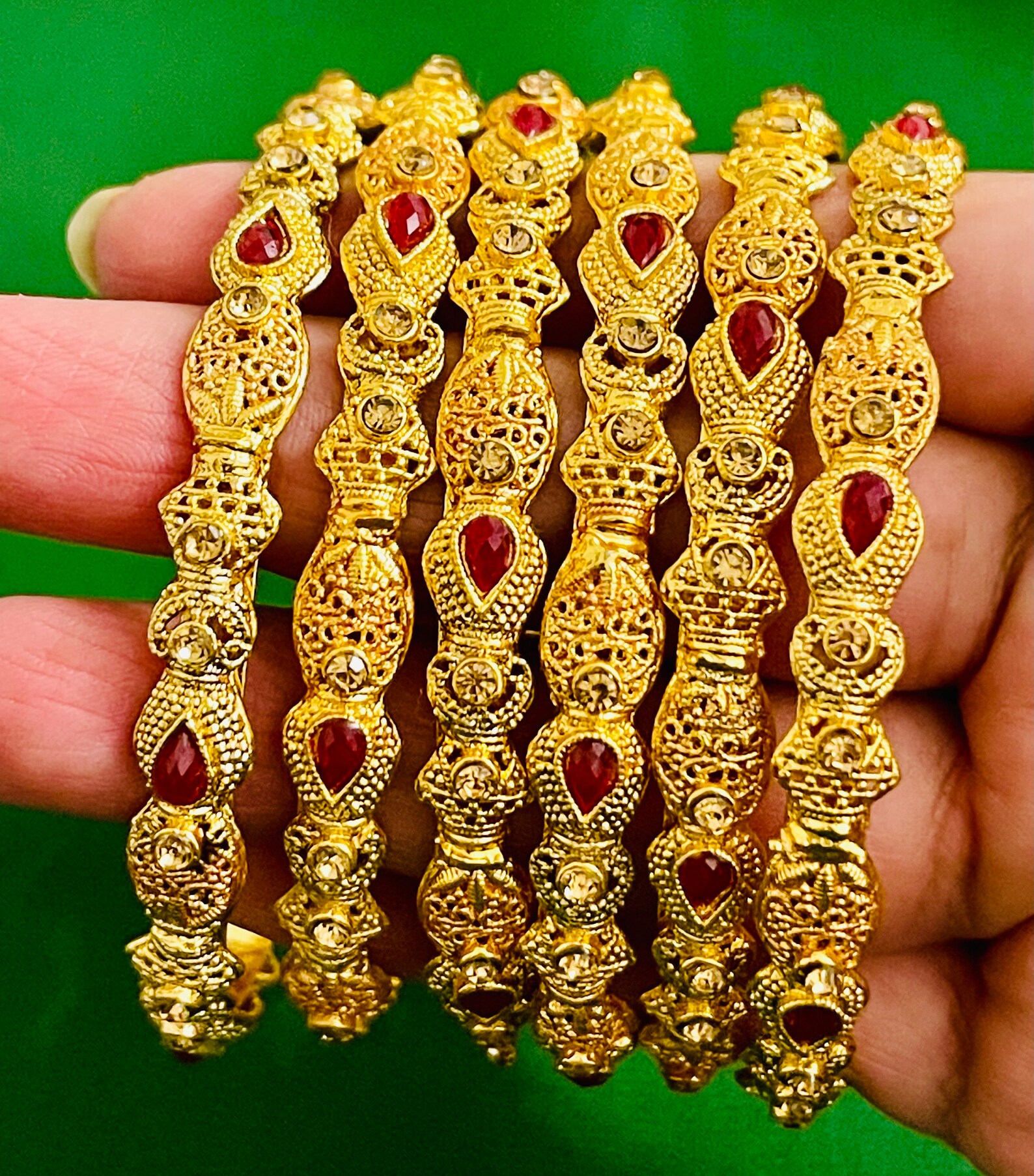 Real Gold Look Gold Pleated Indian Pakistani Bangles Kara Set Size 2.8 ...