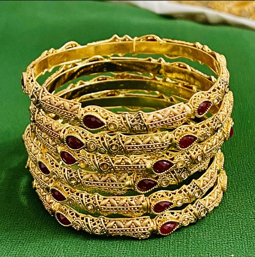 Real Gold Look Gold Pleated Indian Pakistani Bangles Kara Set Size 2.6 ...