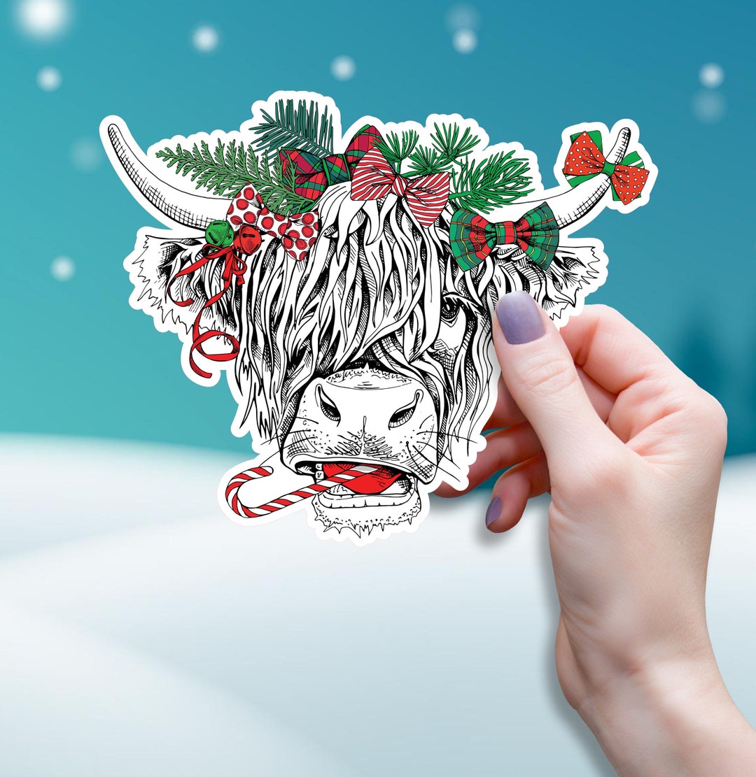 Christmas Highland Cow Vinyl Sticker, Candy Canes, Holiday Sticker, Cow ...