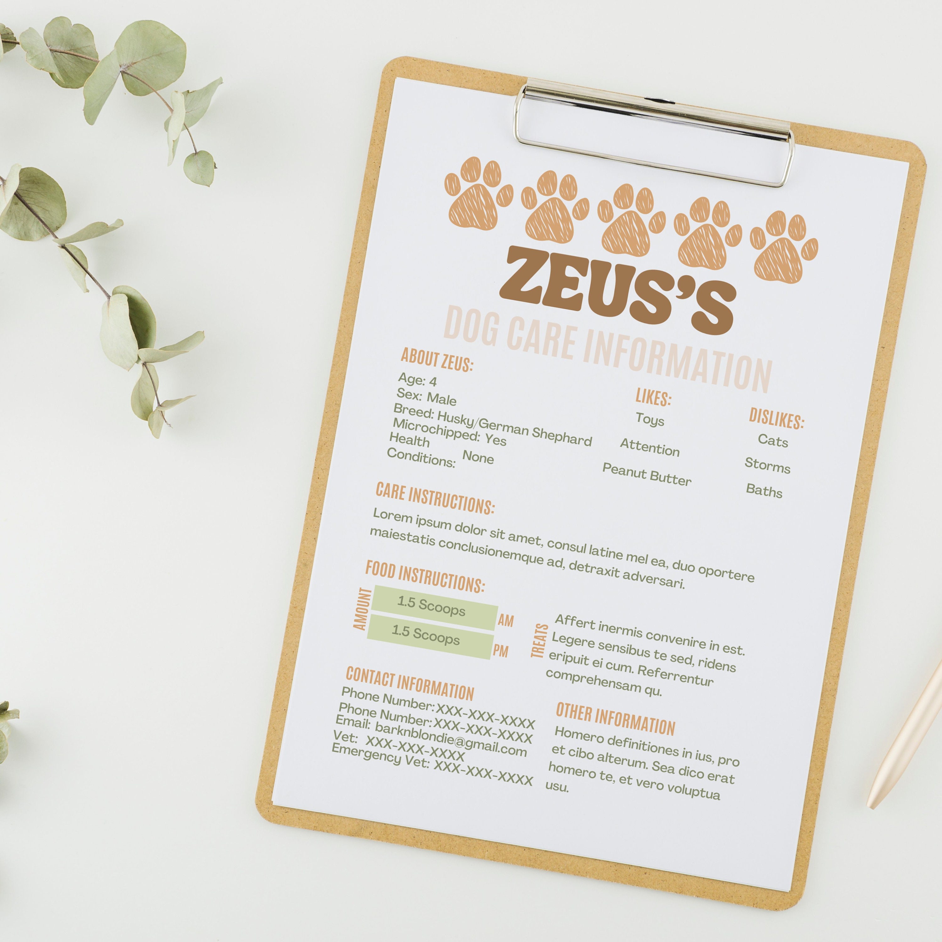 Dog Sitting Guide / Dog Contact Information / Pet Care Planner / Pet ...