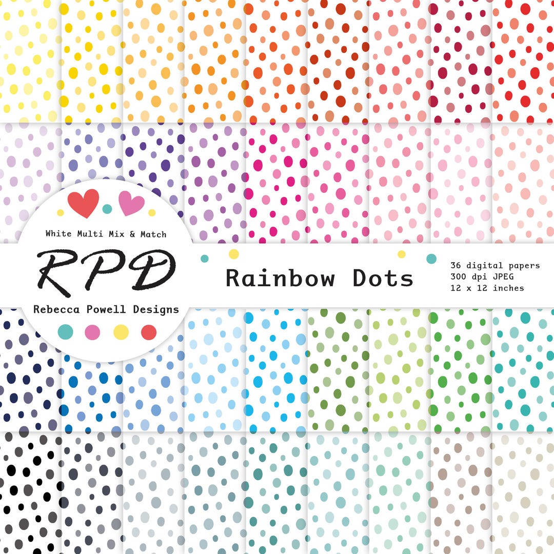 Dots Pattern Seamless Digital Paper, Rainbow Colours, White Backgrounds ...