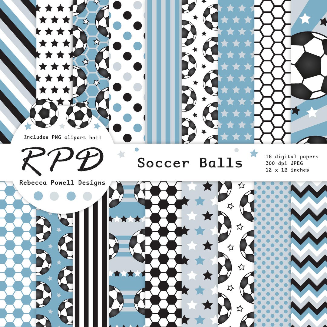 Soccer Digital Paper Pack: Blue & Grey Seamless Football Patterns, PNG ...
