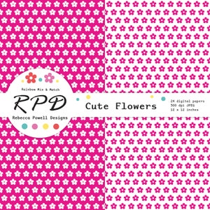 Cute Flowers Seamless Digital Paper, Rainbow Colours, White Backgrounds ...