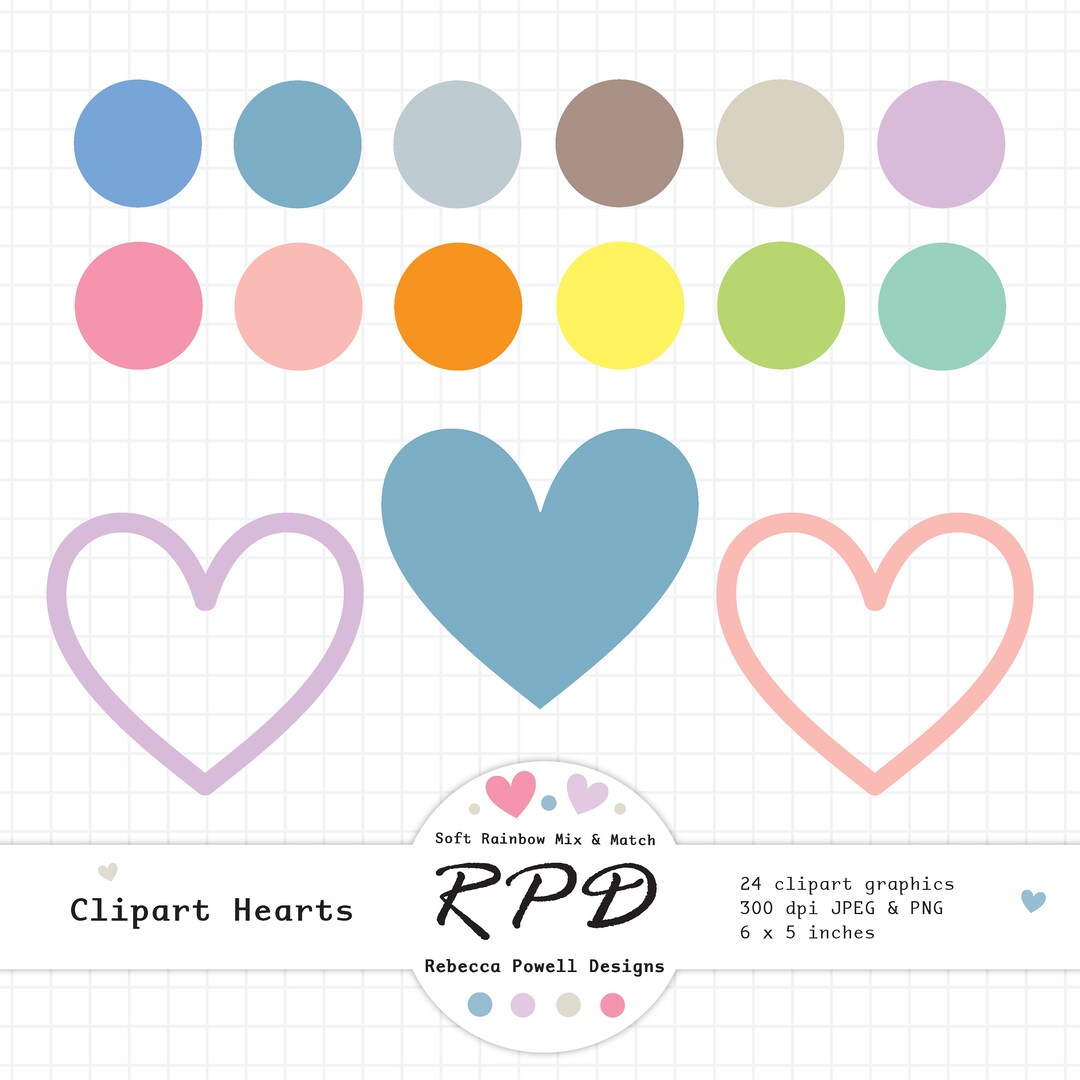 SALE Love Hearts Digital Clip Art Set, Solid Pastel Rainbow Colours ...