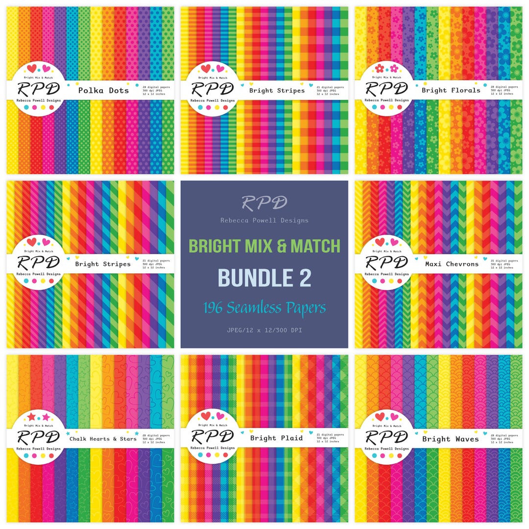 Digital Paper Seamless Patterns Bundle, Bright Rainbow Colours ...