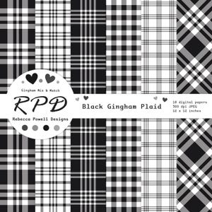 Black & White Gingham Plaid Checks Digital Paper Pack, Seamless ...