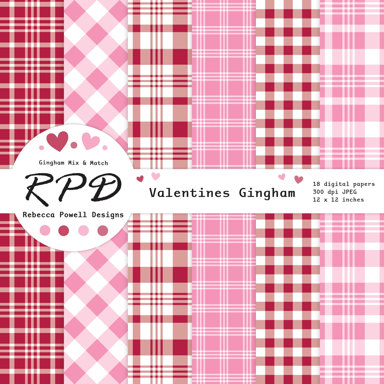 Valentines Pink & Red Gingham Plaid Digital Paper, Seamless Patterns, Scrapbooking, Backgrounds ...