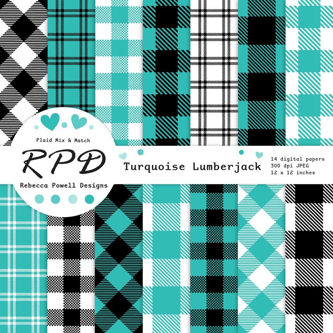 Turquoise Buffalo Plaid Digital Paper Pack , Seamless, Black ...