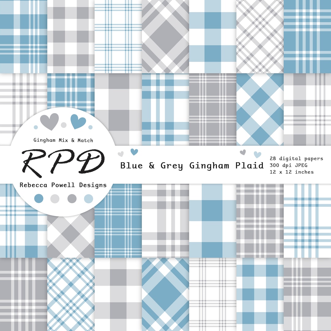 Blue & Grey Gingham Plaid Digital Paper Pack Bundle, Seamless, White ...