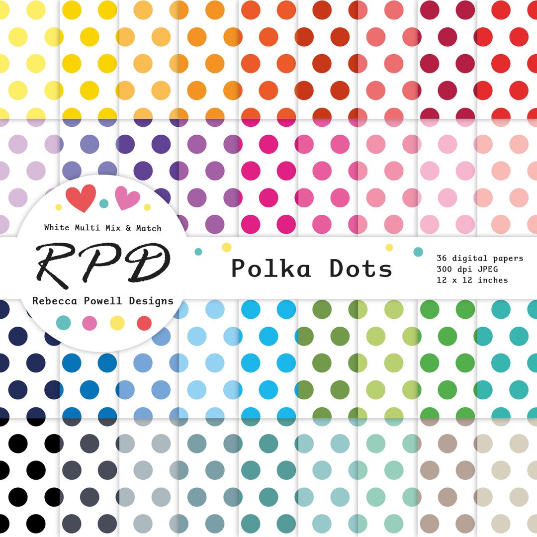 Polka Dots Seamless Digital Paper, Rainbow Colours, White Backgrounds ...