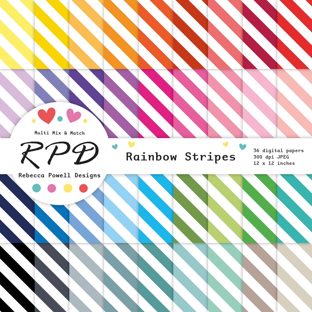 Diagonal Stripes Seamless Digital Paper, Rainbow Colours & White ...