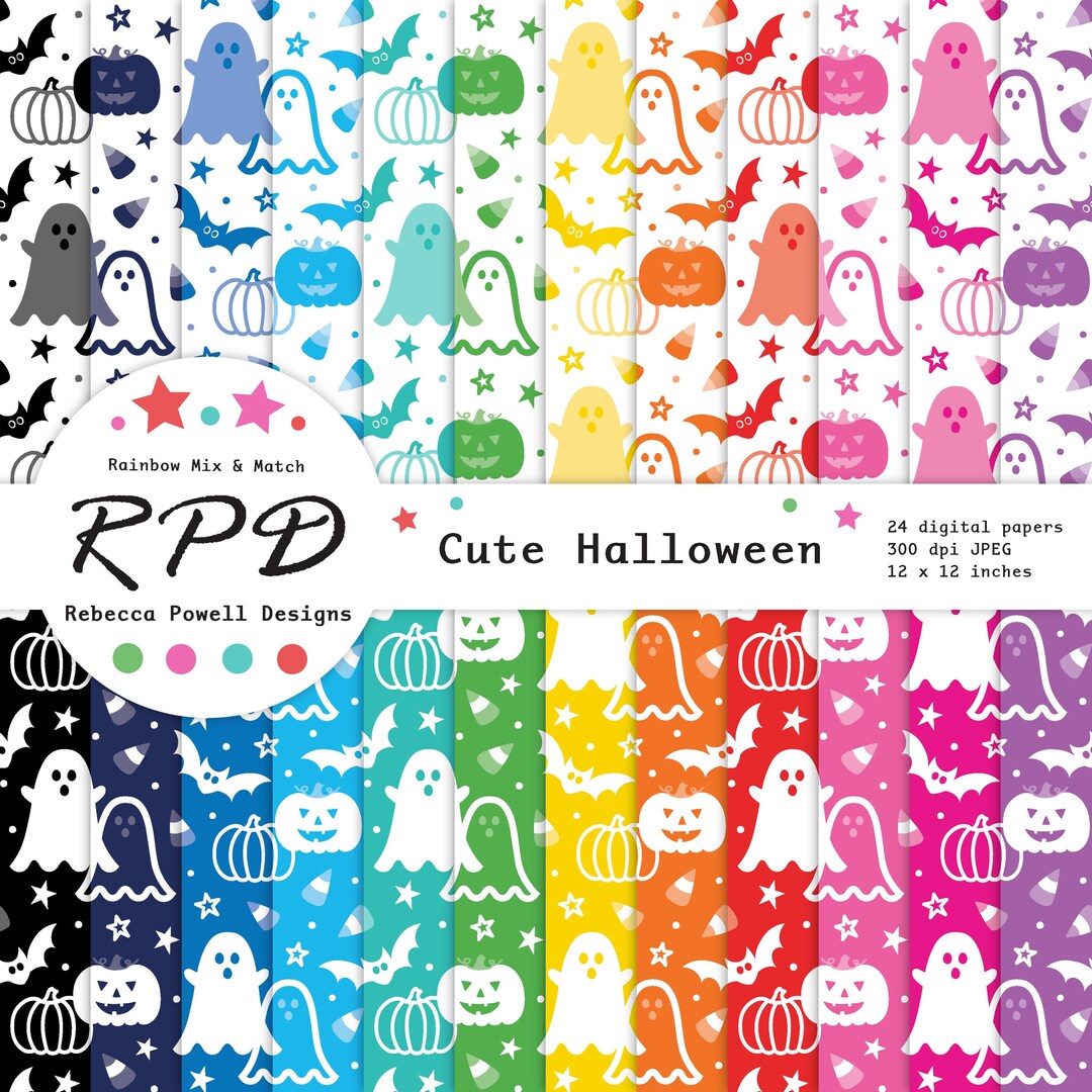 Halloween Paper Pack, Rainbow Colours & White Seamless Patterns ...
