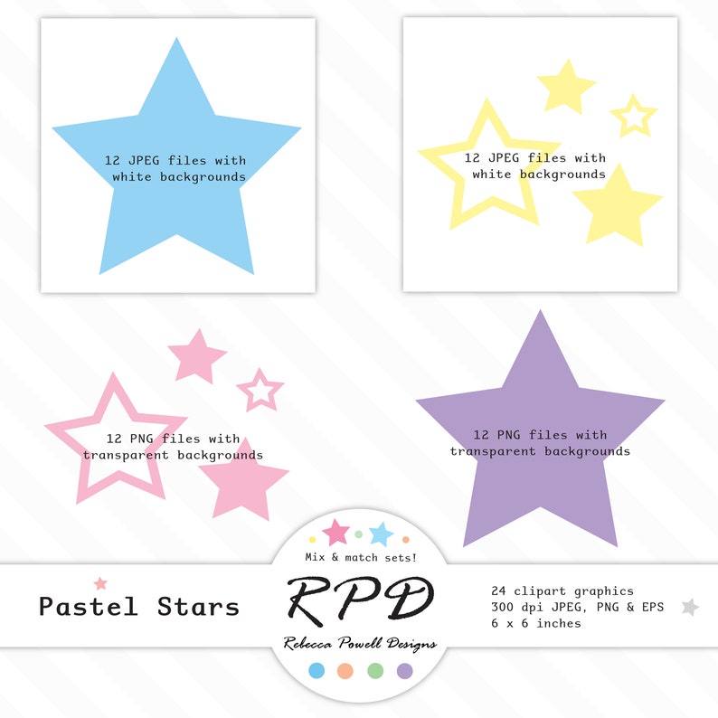 Stars Digital Clip Art Set Solid Pastel Colours Star - Etsy