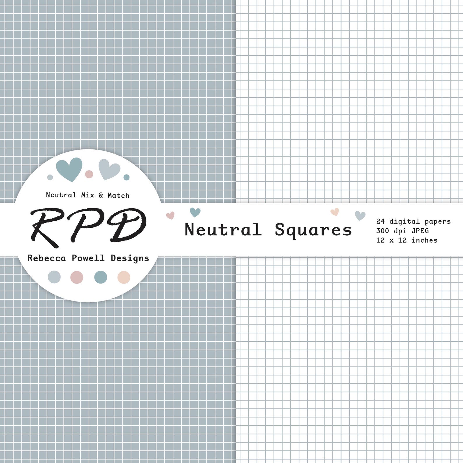 Grid Pattern Seamless Digital Paper Pack, Neutral Colours & White ...
