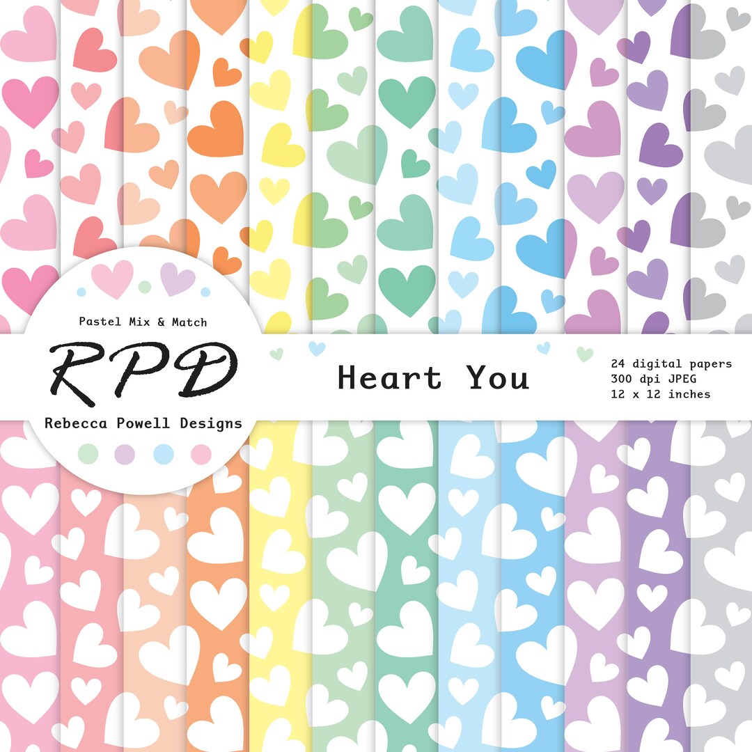 SALE Love Hearts Digital Paper, Seamless Pattern, Pastel Colours, White ...