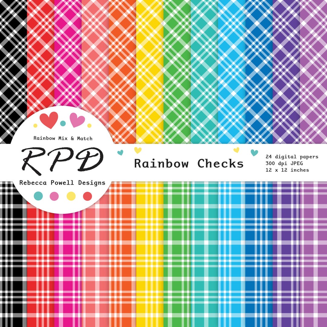 Plaid Tartan Check Seamless Digital Paper, Rainbow Colours & White ...