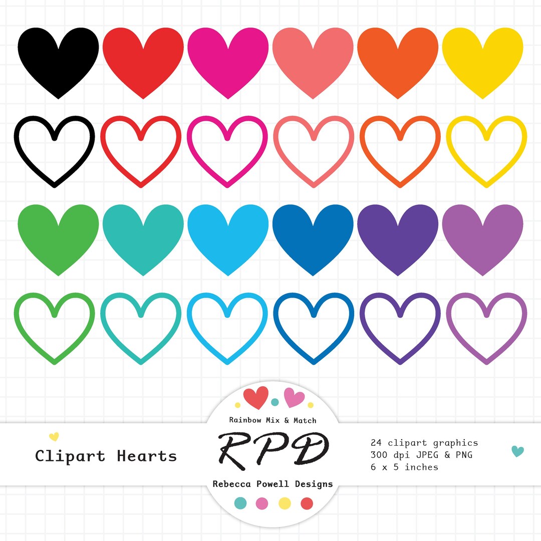 Cute Love Hearts Digital Clip Art Set, Rainbow Colours, Scrapbooking ...