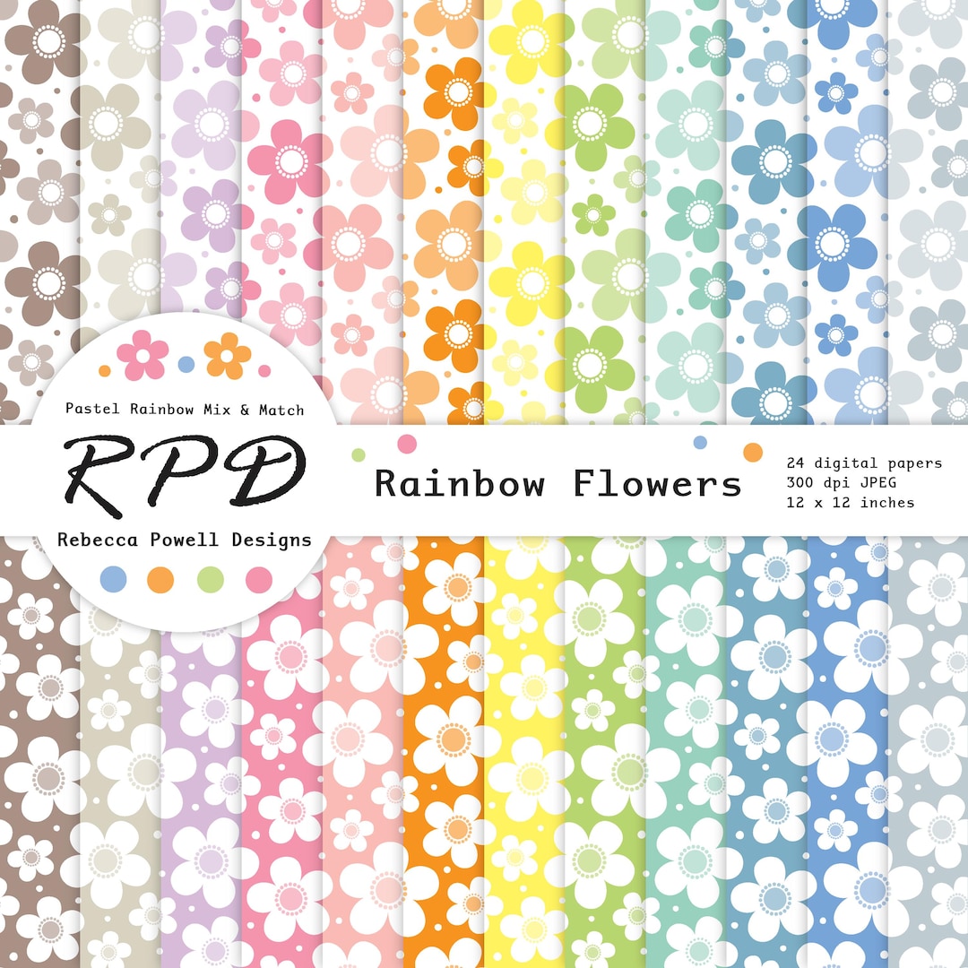 Pastel Rainbow Colours & White Cute Flowers Digital Paper Pack ...