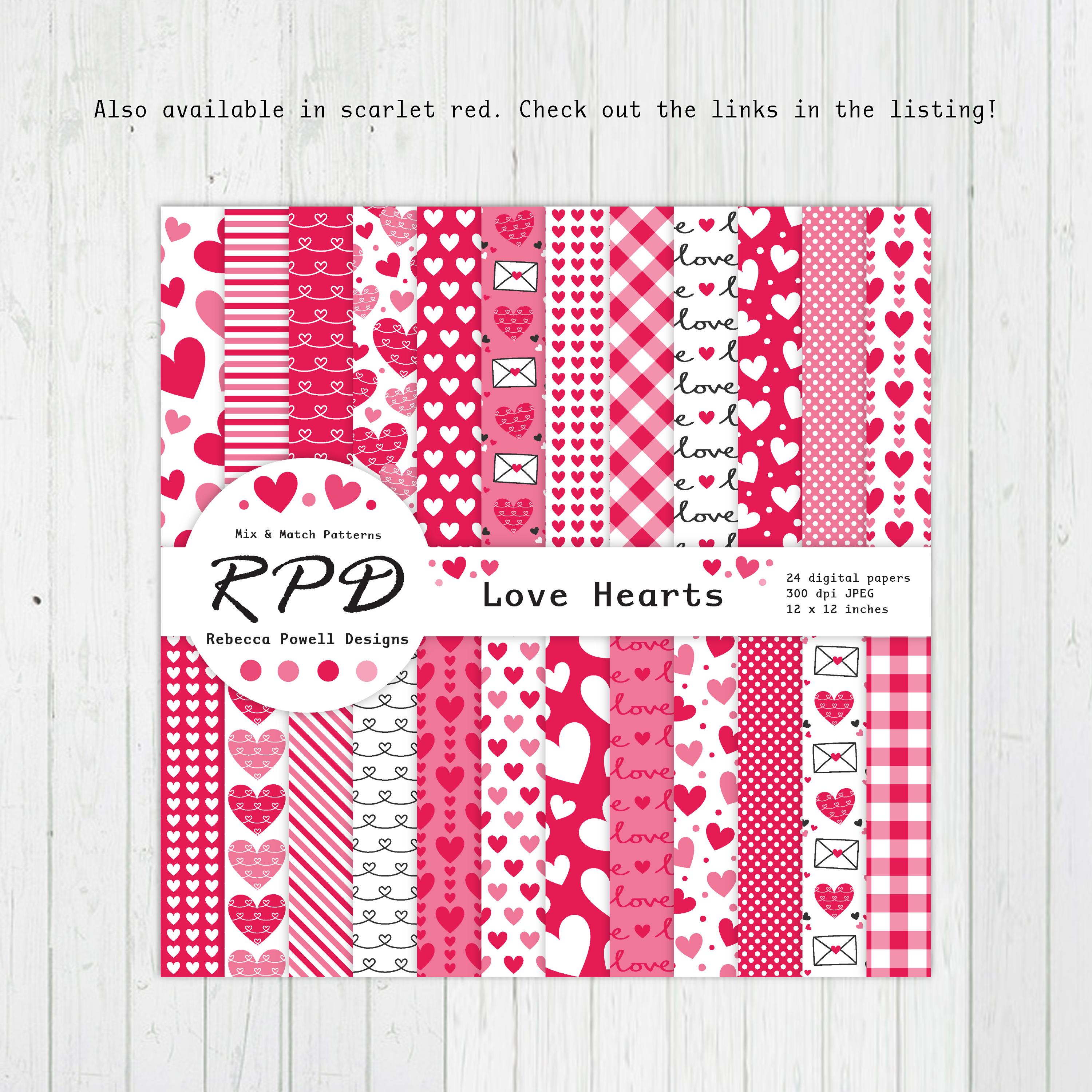 Love Hearts Digital Paper Pack: Pink & White Seamless Patterns (digital ...