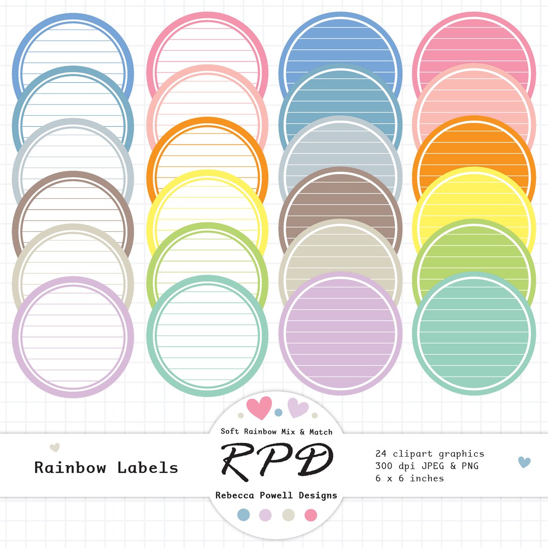 Round Circle Labels Digital Clip Art Set, Lined Paper, Pastel Rainbow ...