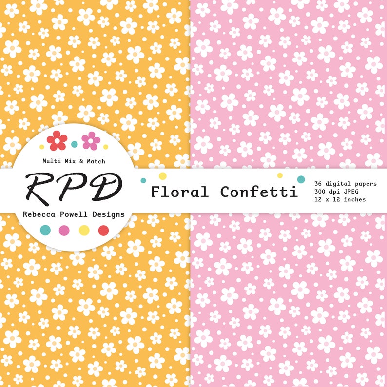 Floral Confetti Digital Paper Pack: Rainbow Flower Patterns (12x12 ...