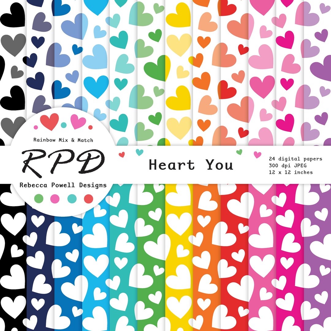 Hearts Seamless Pattern Digital Paper Pack, Rainbow Colours & White ...