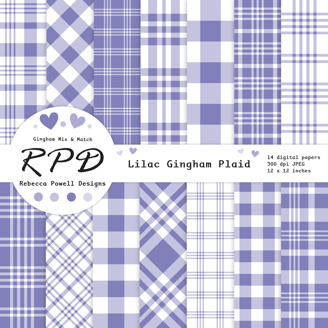 Lilac Purple Gingham Plaid Digital Paper Pack, Seamless, White ...