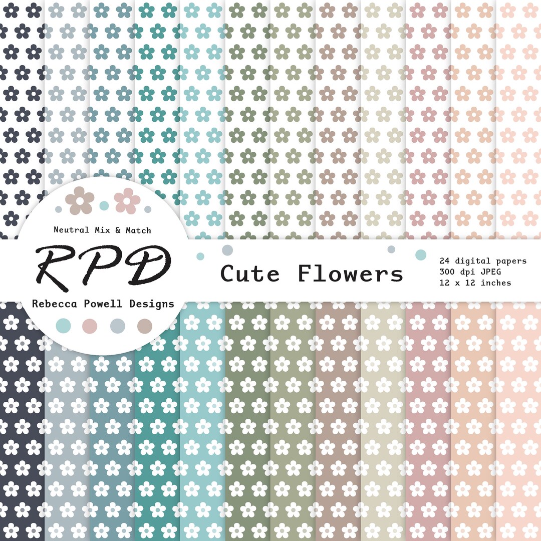 Cute Flowers Seamless Digital Paper, Neutral Colours, White Backgrounds ...