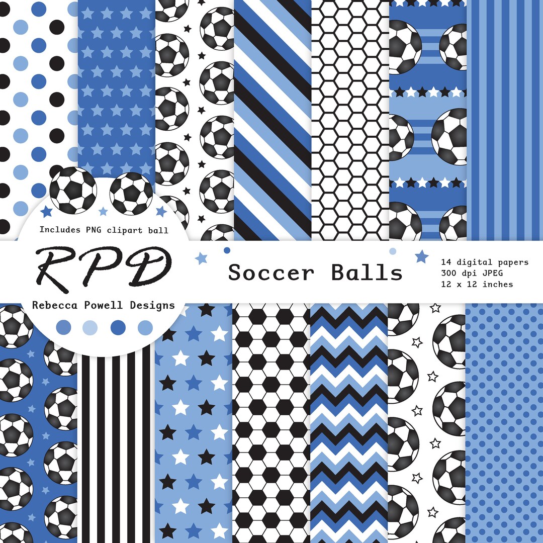 Soccer Football Digital Paper Pack, Seamless, PNG Clip Art Ball, Blue ...