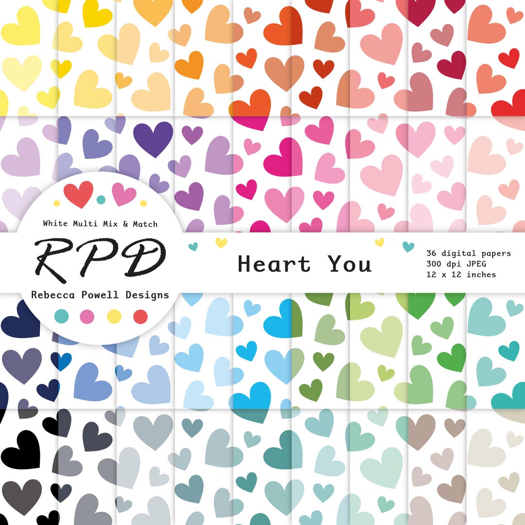 Rainbow Colours, Cute Hearts Pattern Seamless Digital Paper, White ...