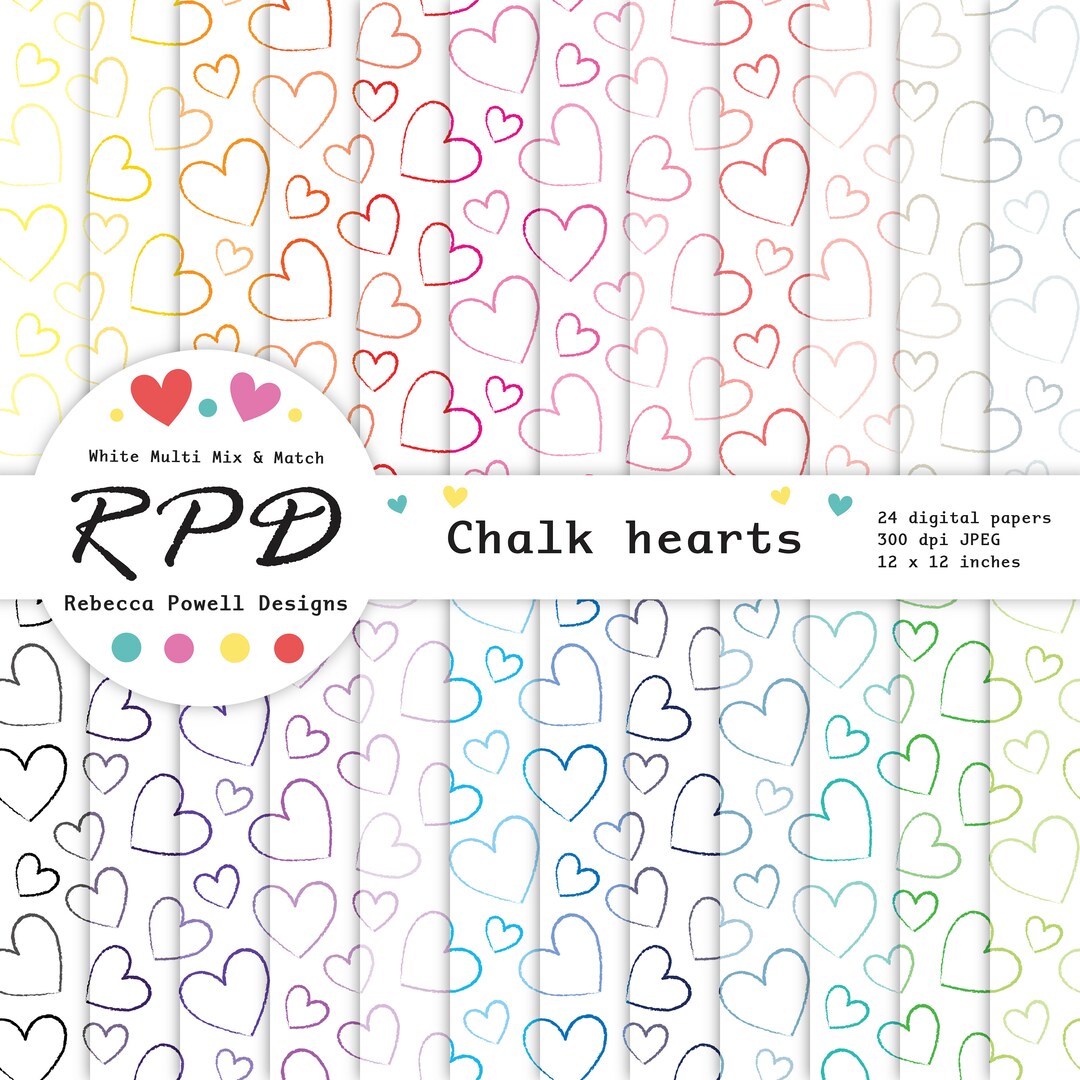 Love Hearts Hand Drawn Digital Paper Pack, Seamless, Multi Rainbow ...