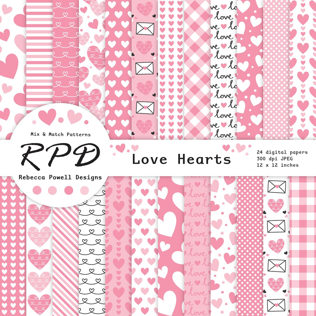 Love Hearts Digital Paper Pack: Pink & White Seamless Patterns (digital ...