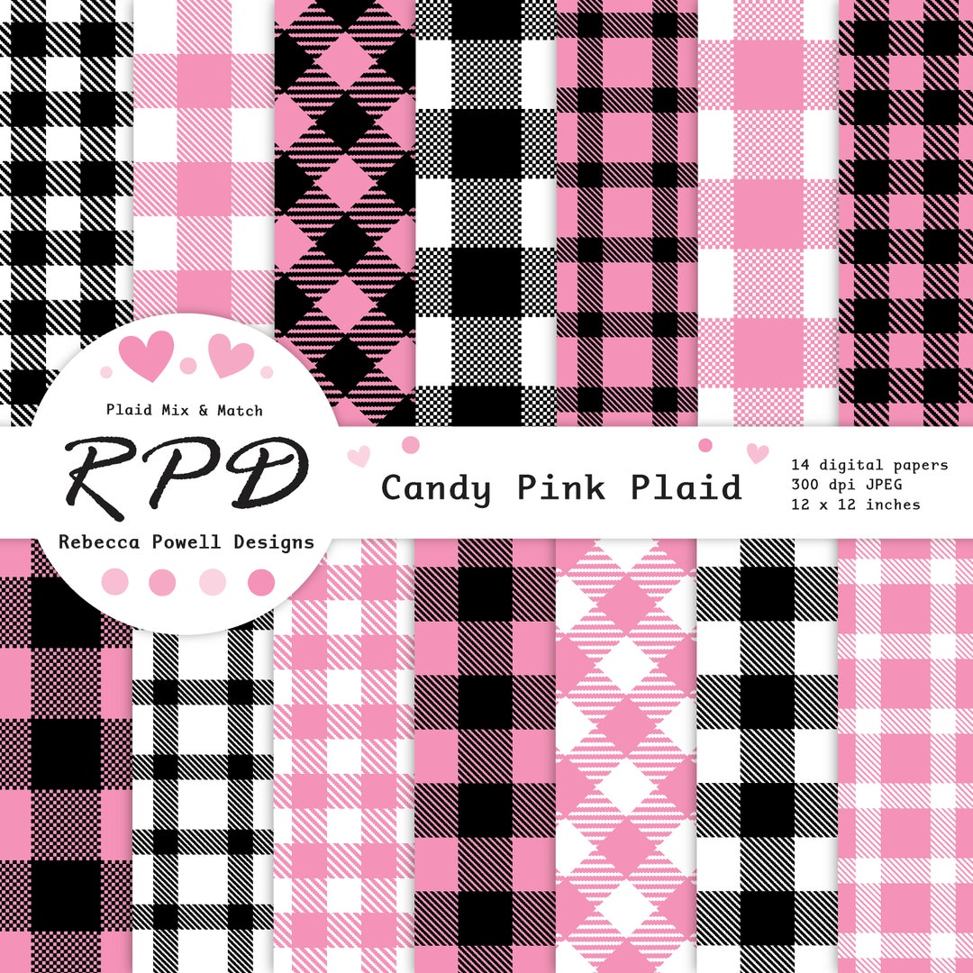 SALE Pastel Pink Buffalo Plaid Digital Paper Set, Seamless, Black ...