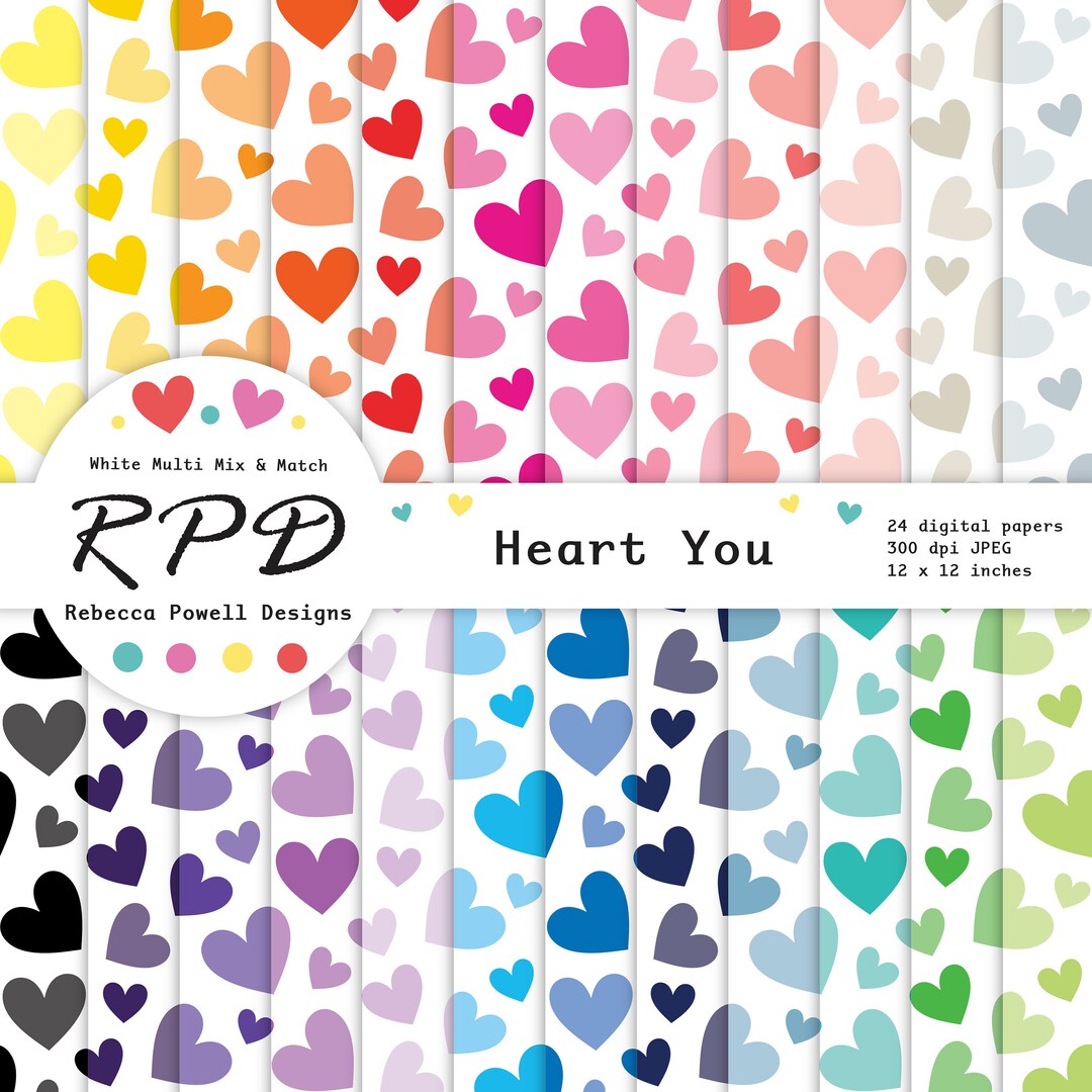 Love Hearts Digital Paper Pack, Seamless Pattern, Rainbow Colours ...
