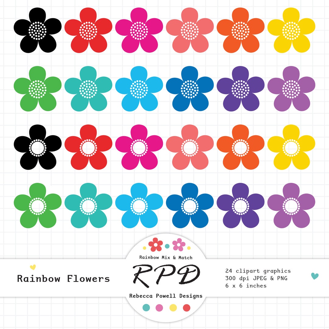 Flowers Floral Digital Clip Art Set, Hand Drawn, Rainbow Colours, White ...