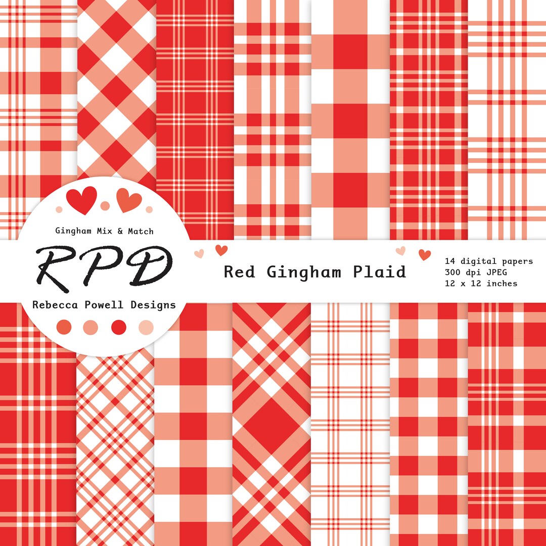 Red Gingham Plaid Digital Paper Pack, Seamless, White, Lumberjack ...