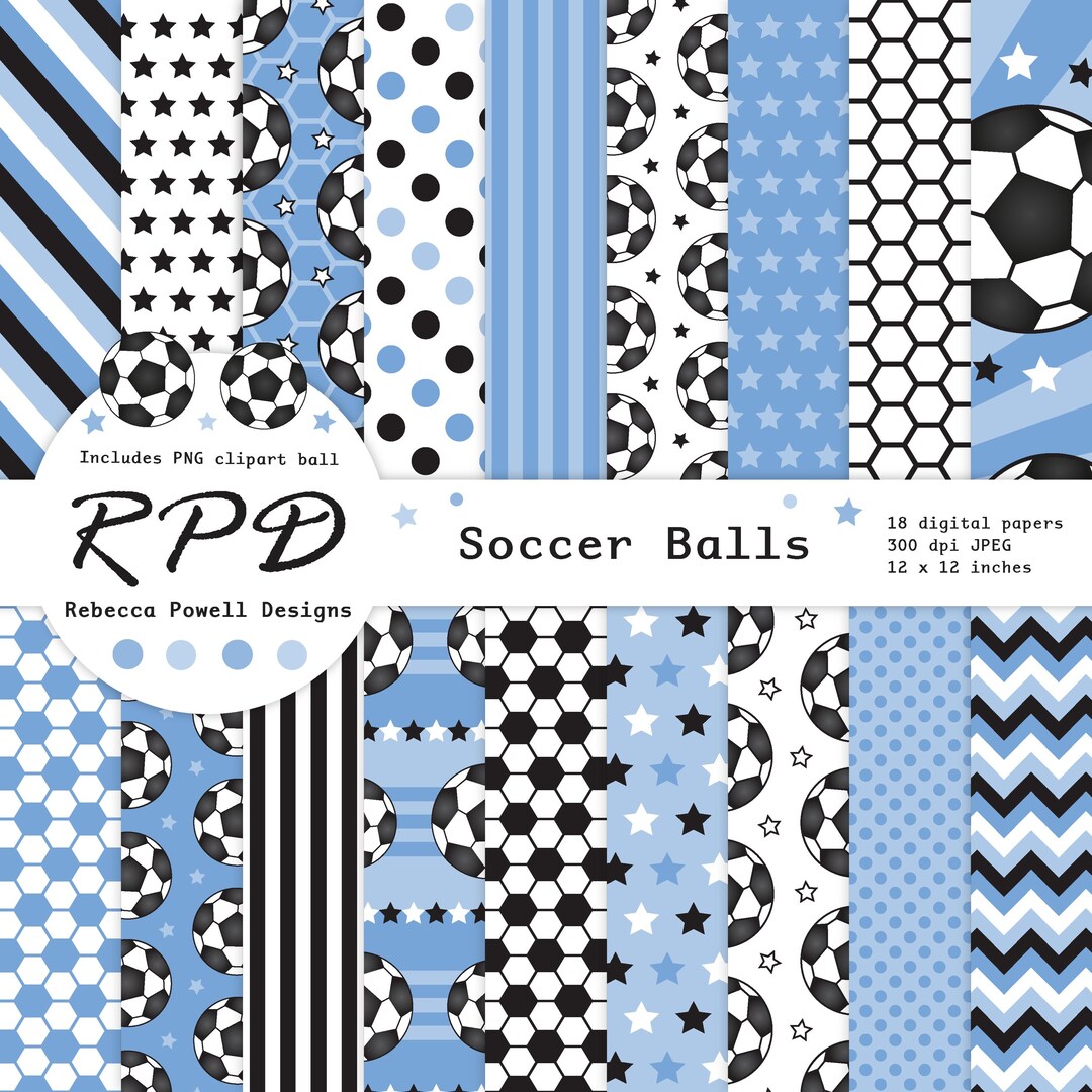 Soft Blue Soccer Ball Digital Paper Pack: Seamless Sports Patterns (PNG ...