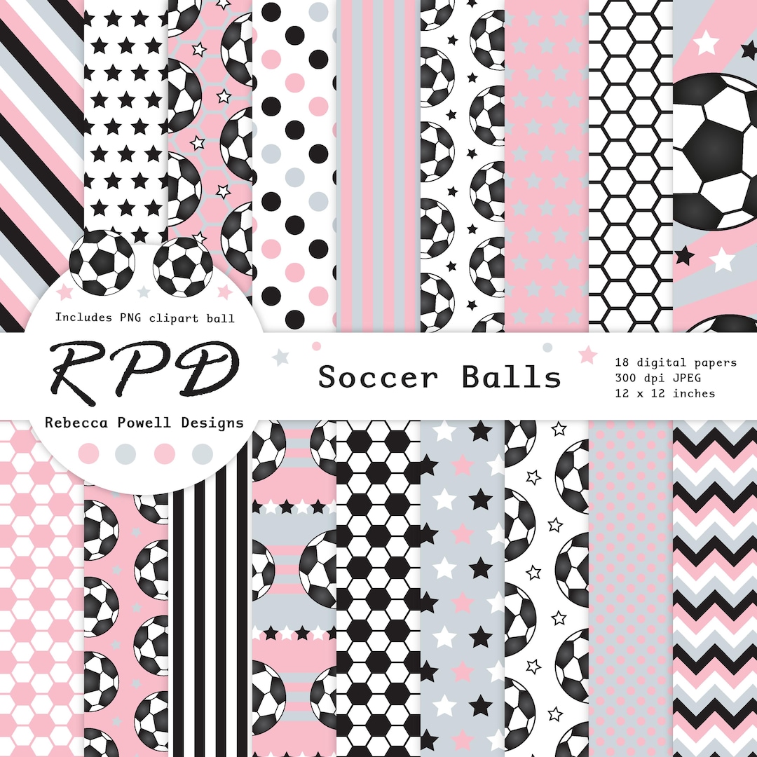 Pink & Grey Soccer Digital Papers Pack: Seamless Football Patterns, PNG ...