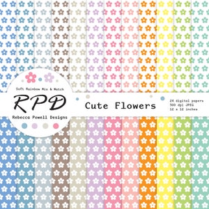 Cute Flowers Seamless Digital Paper, Pastel Rainbow Colours, White ...