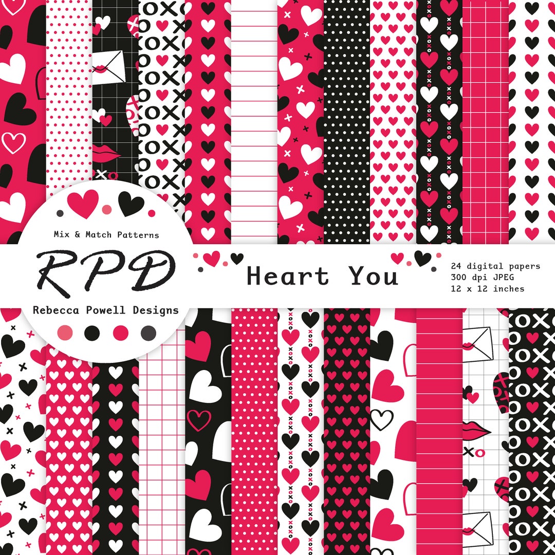 Valentines Cute Love Hearts Digital Paper Pack, Seamless Patterns, Red ...