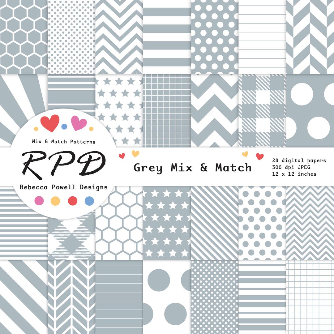 Grey & White Seamless Paper Pack: Polka Dot, Stripe, Chevron Patterns ...