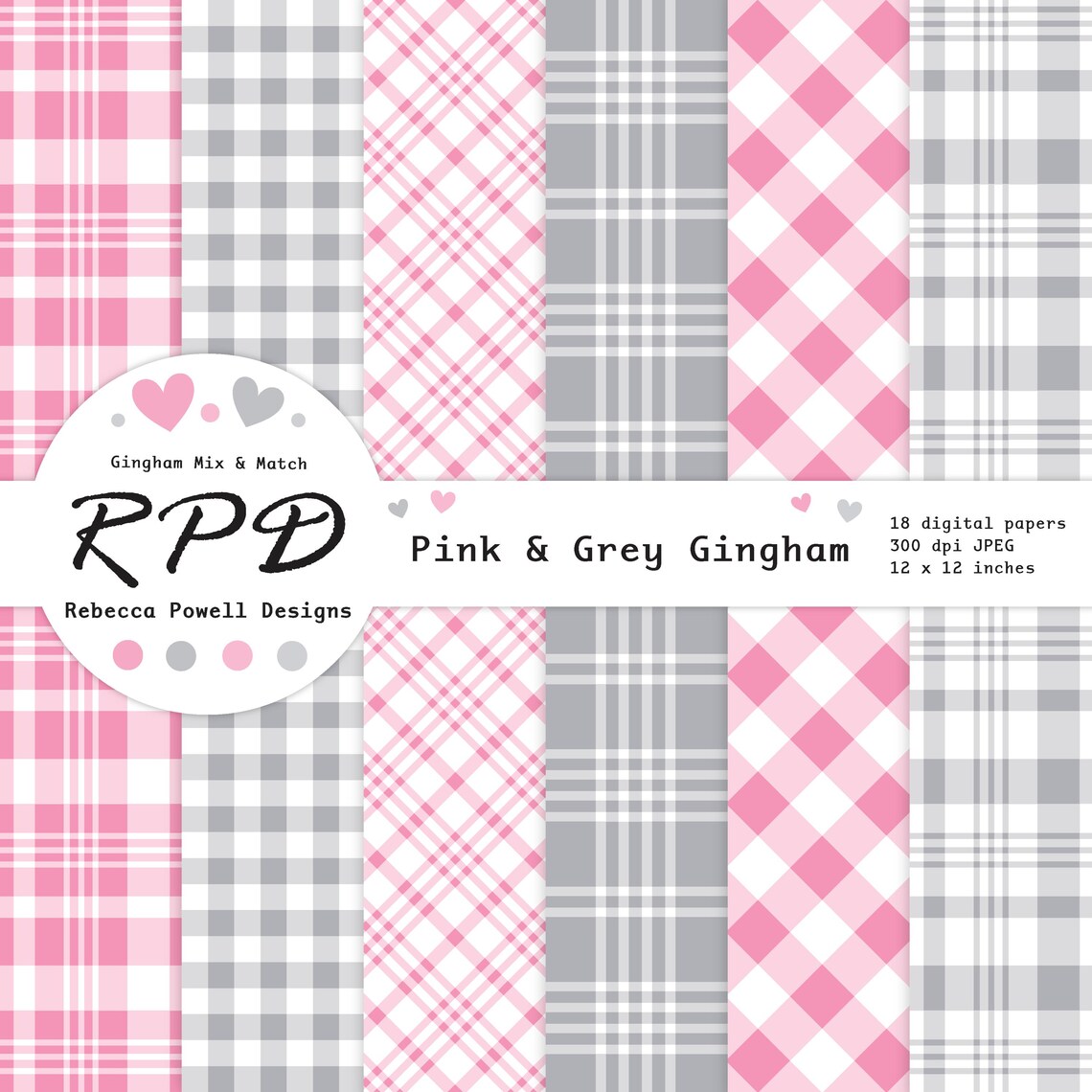Pink, Grey & White Gingham Plaid Checks Digital Paper, Seamless ...
