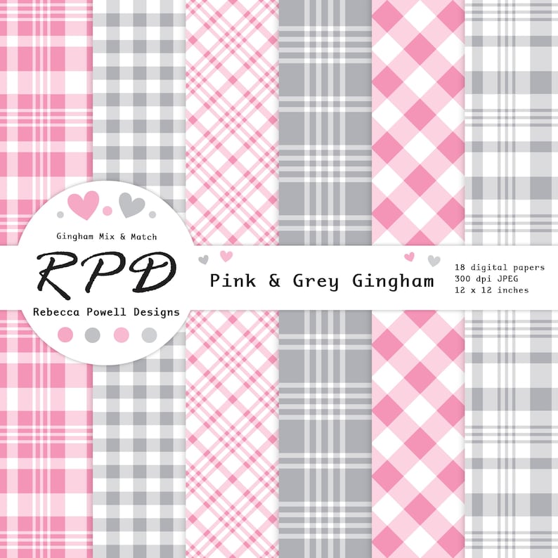Pink, Grey & White Gingham Plaid Checks Digital Paper, Seamless ...