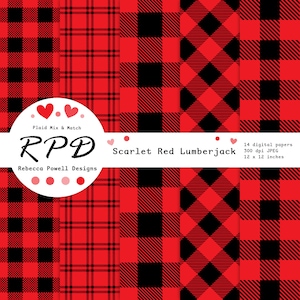 Red Plaid Digital Paper Pack , Seamless, Black, White, Lumberjack Check ...